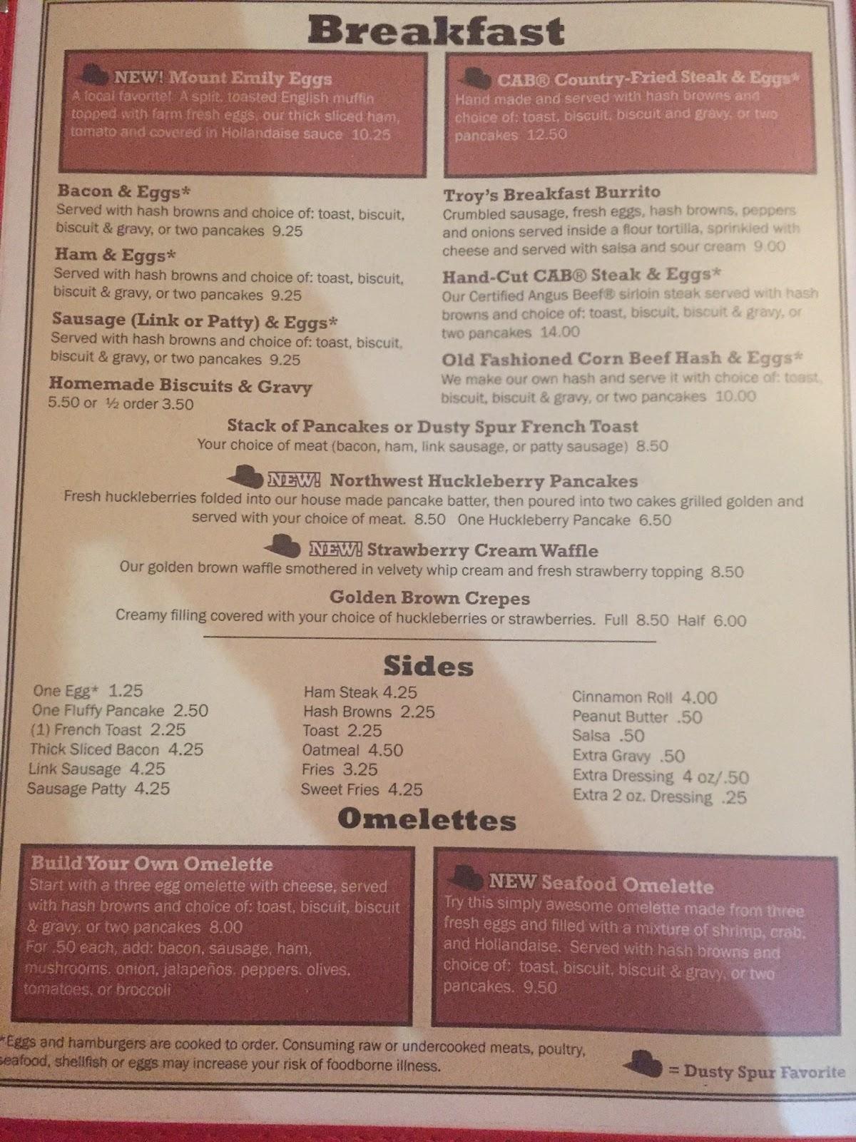 Menu at Dusty Spur Cafe, La Grande