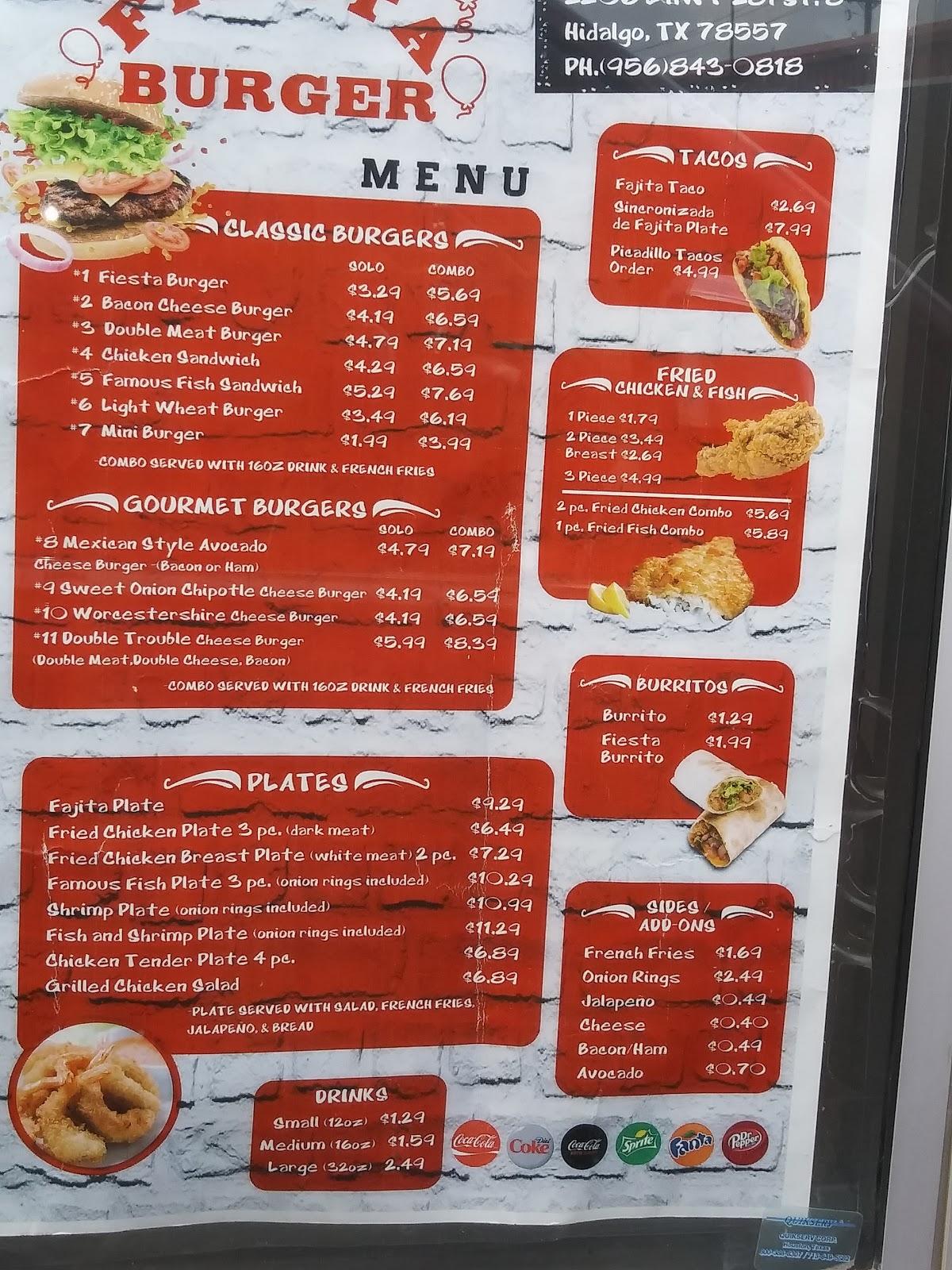 Menu at Fiesta Burger restaurant, Hidalgo