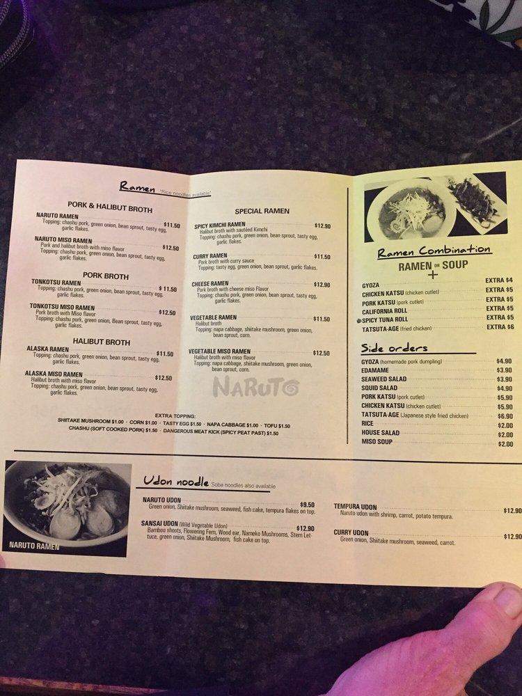 Menu at Naruto Japanese Restaurant, Anchorage