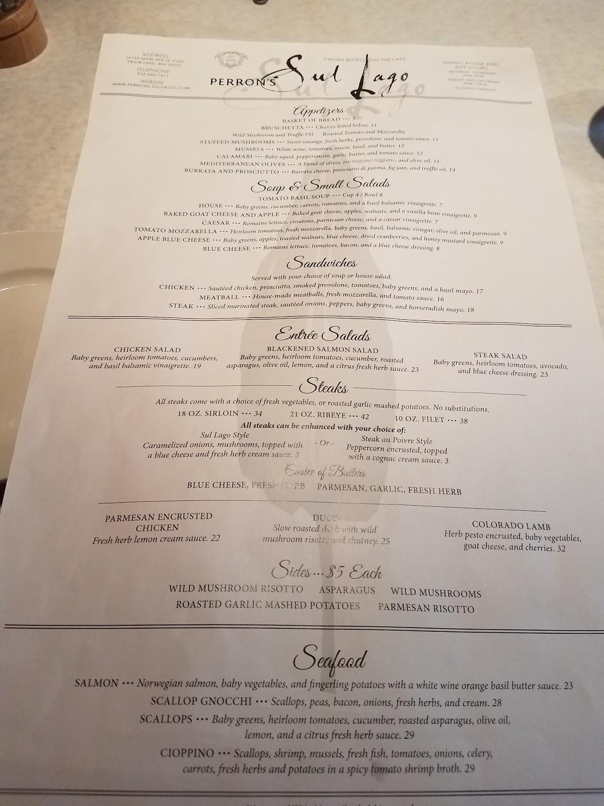 Menu at Perron's Sul Lago pub & bar, Prior Lake
