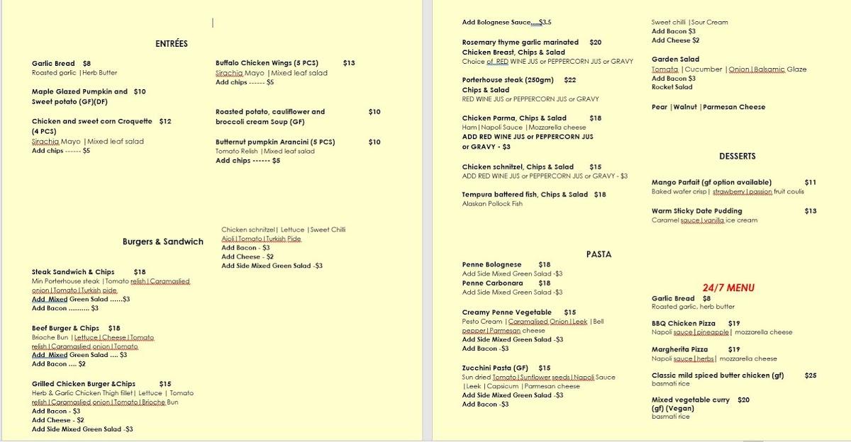 Menu at Polo Café restaurant, North Melbourne