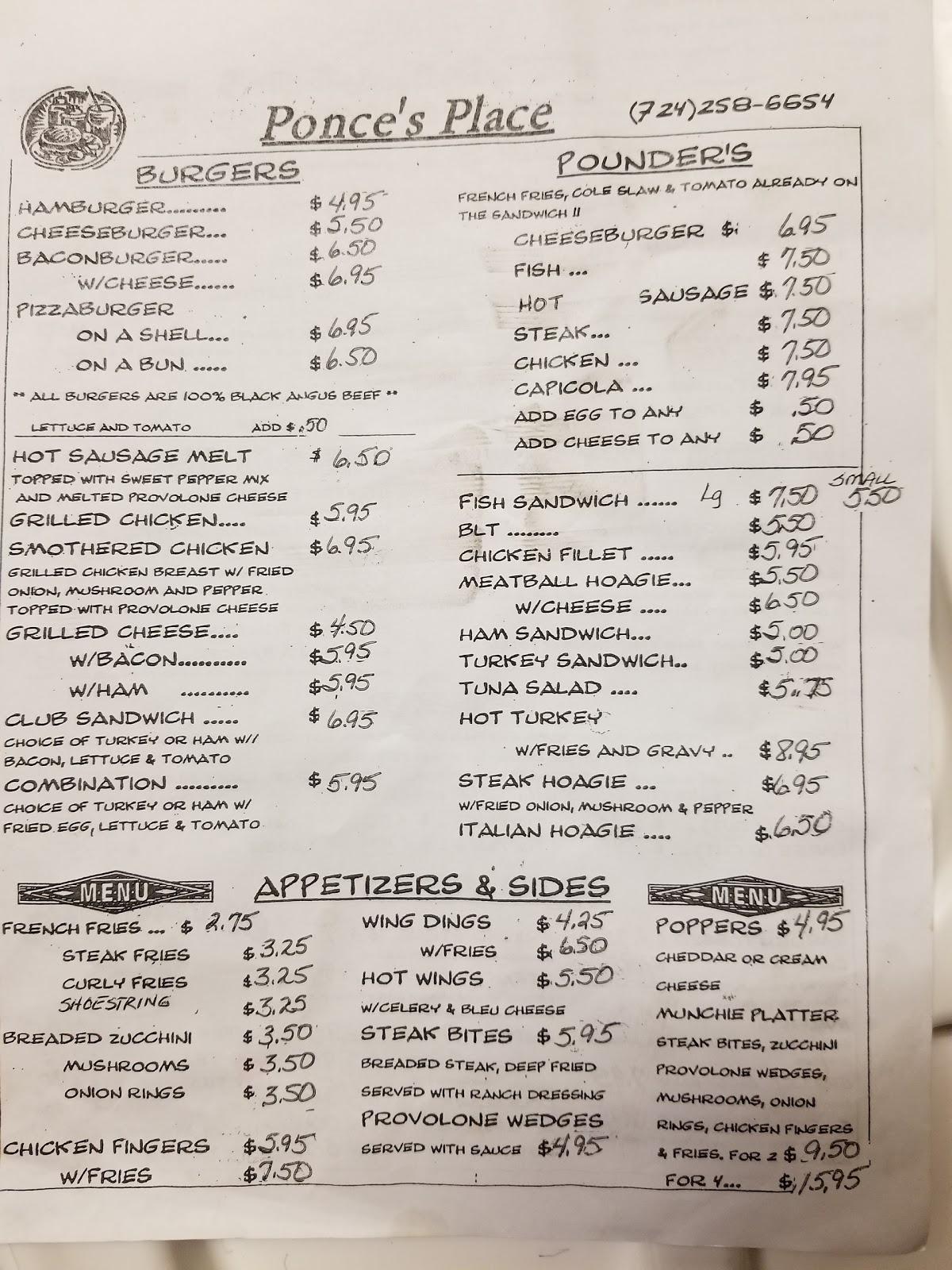 Menu at Ponce's Place restaurant, Monongahela