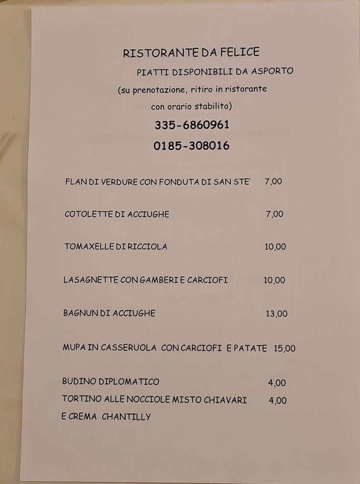 Menu at Da Felice restaurant, Chiavari