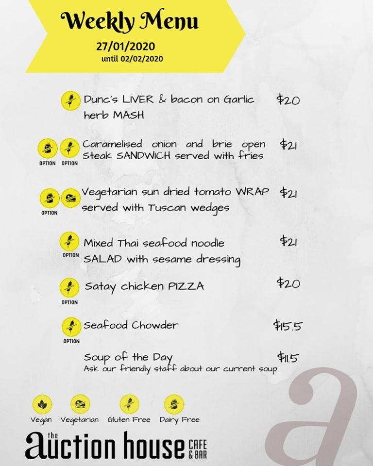 Menu at The Auction House cafe, Invercargill