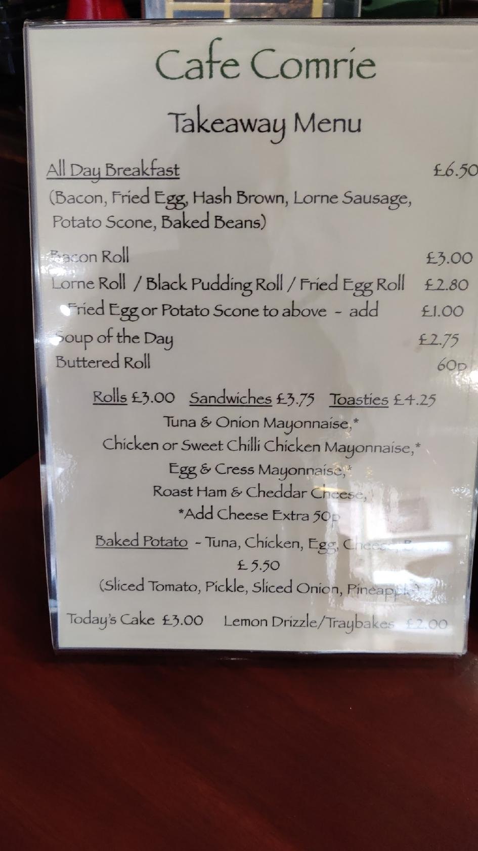 Menu at Cafe Comrie, Comrie