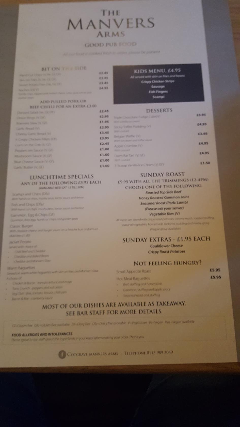 Menu at The Manvers Arms at Cotgrave pub & bar, Nottingham, The Cross