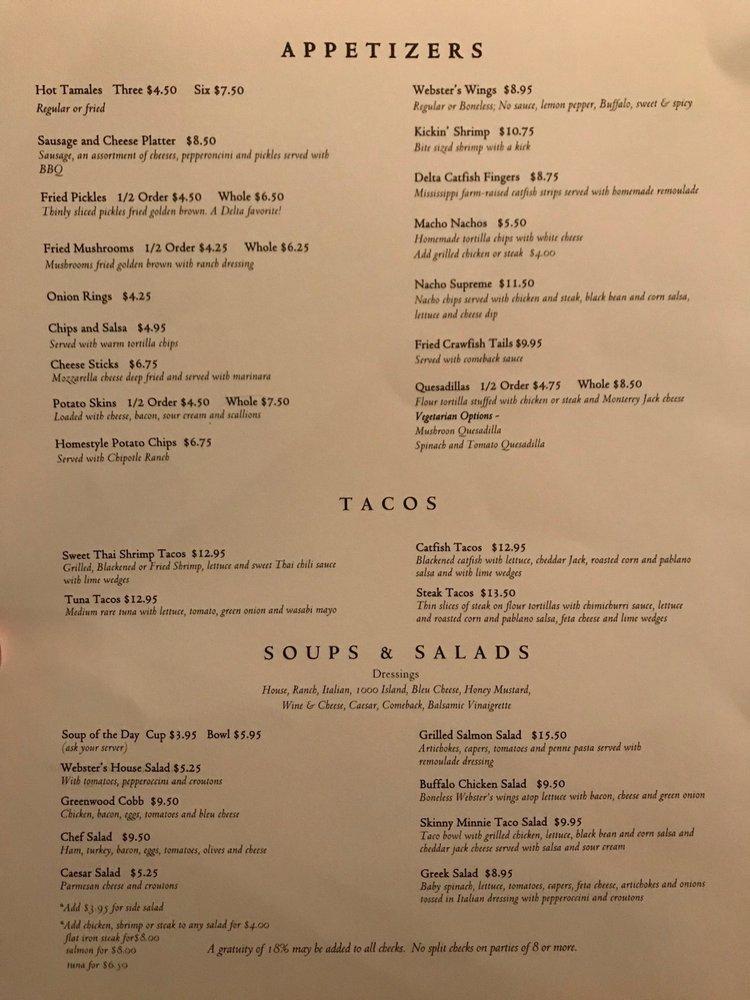 Menu at Webster's restaurant, Greenwood