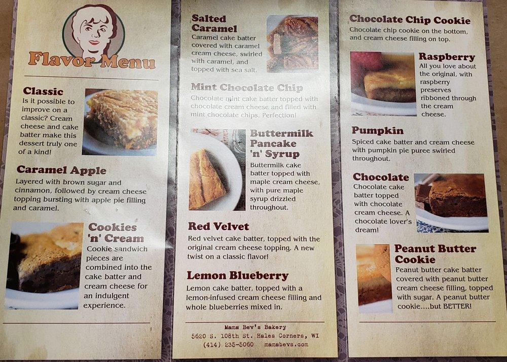 Menu at Mama Bev's desserts, Hales Corners