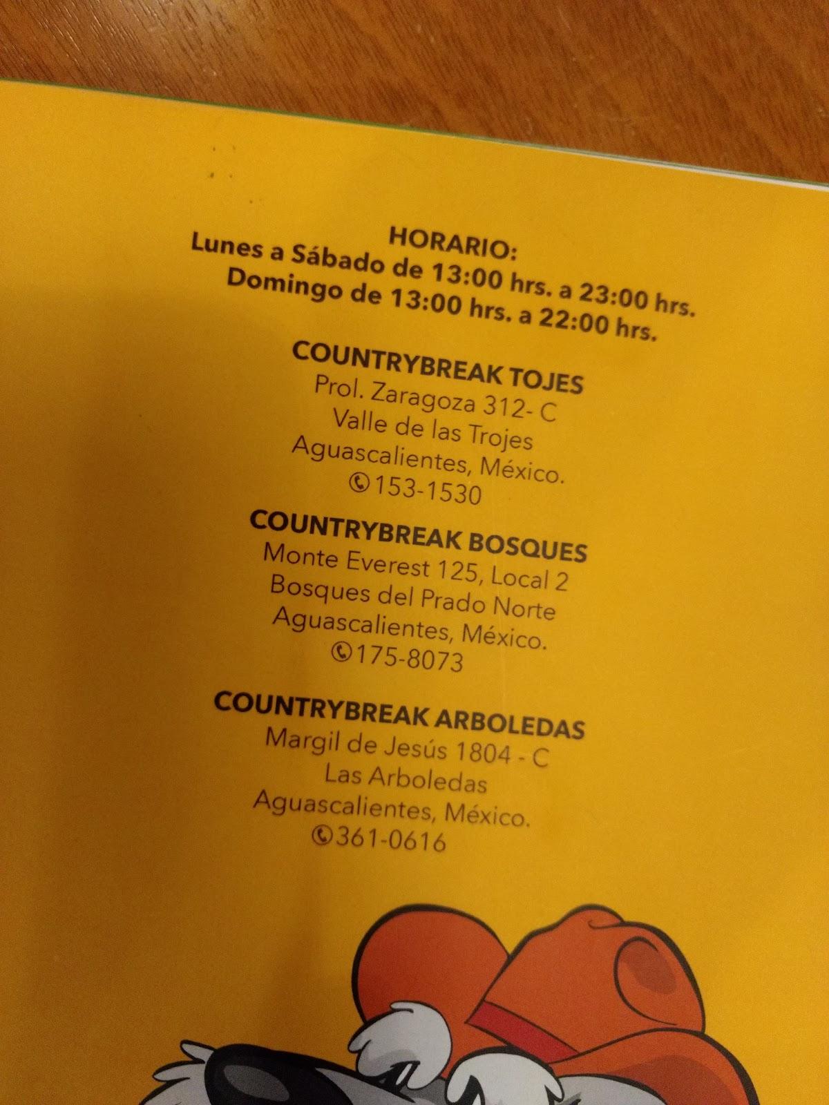 Carta de Restaurante Countrybreak Arboledas, Aguascalientes, Margil de ...