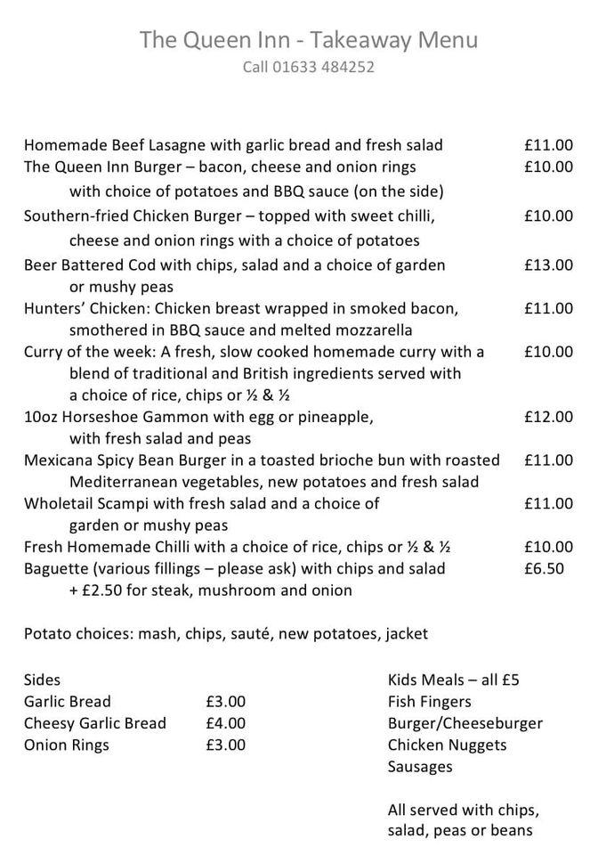 Menu at The Queen Inn pub & bar, Cwmbran