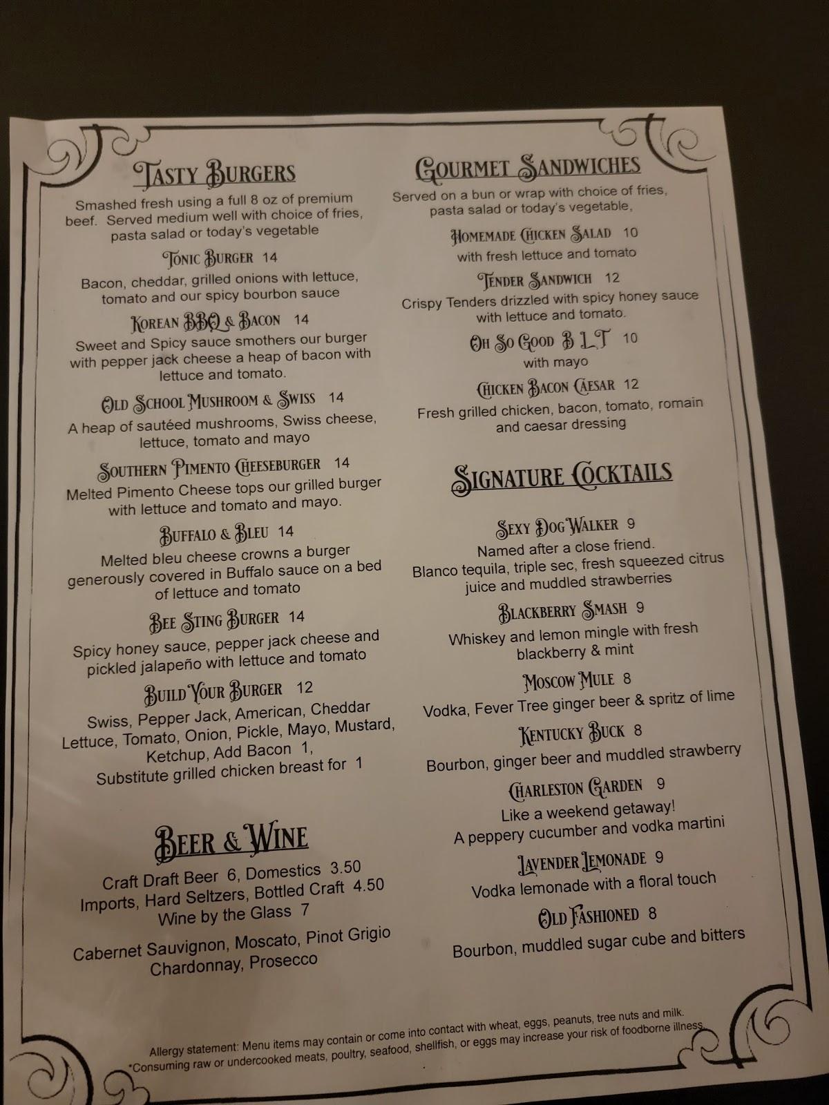 Menu at Tonic Bar and Social Club of Louisburg, Louisburg