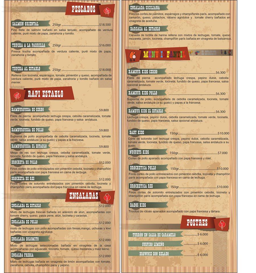 Menu at El Establo carnes y parrilla, Medellín