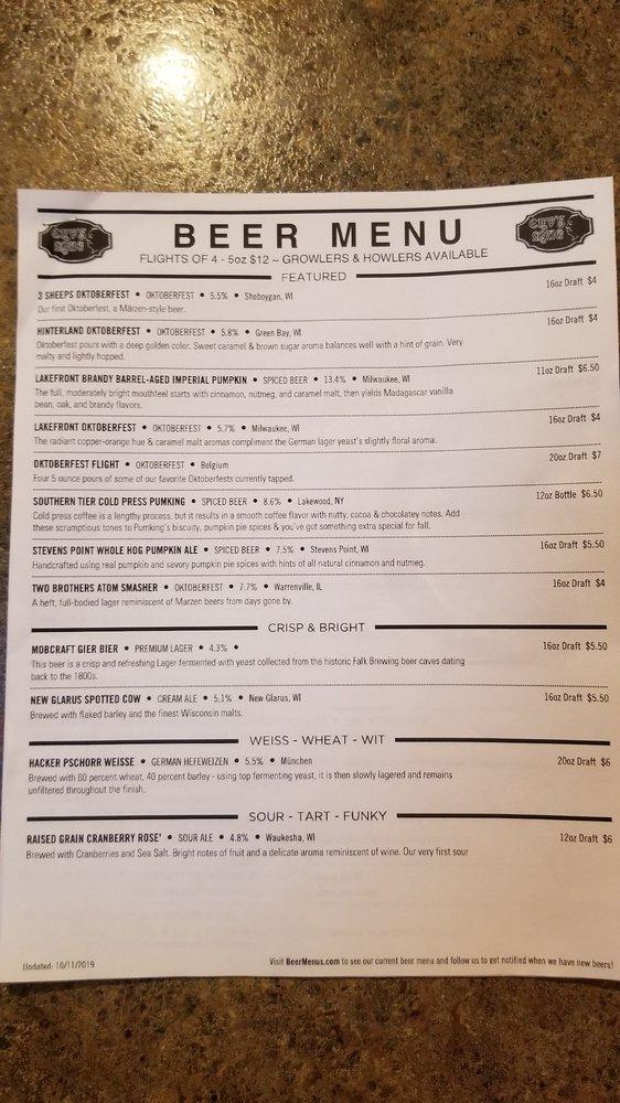 Menu at Erv's Mug restaurant, Oak Creek