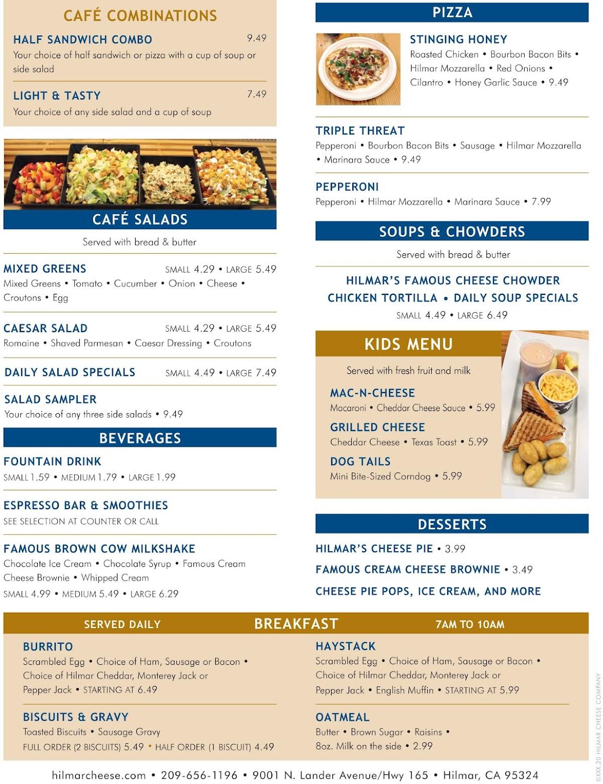 Menu at Hilmar Cheese Company Visitor Center cafe, Hilmar