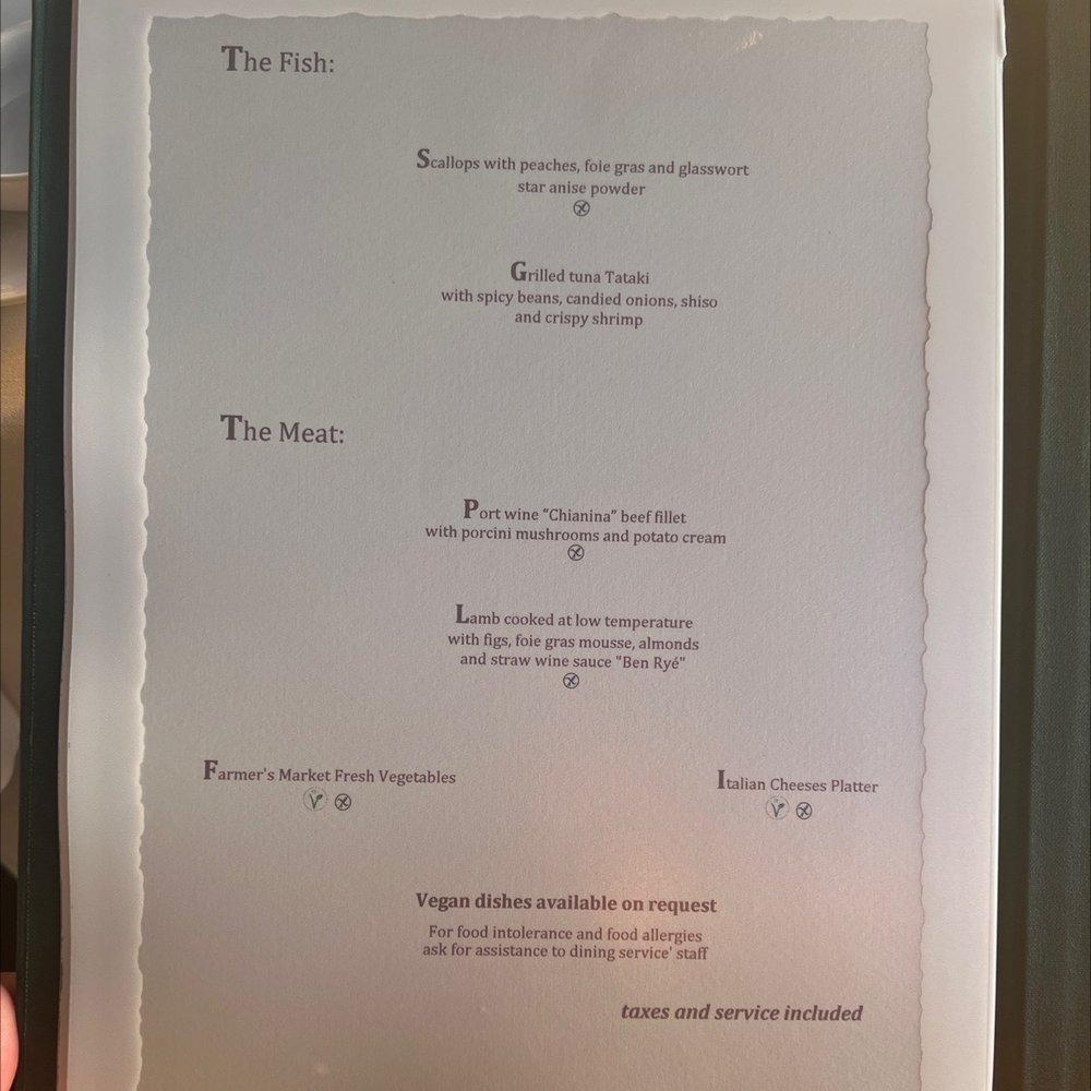 Menu at Mirabelle restaurant, Rome