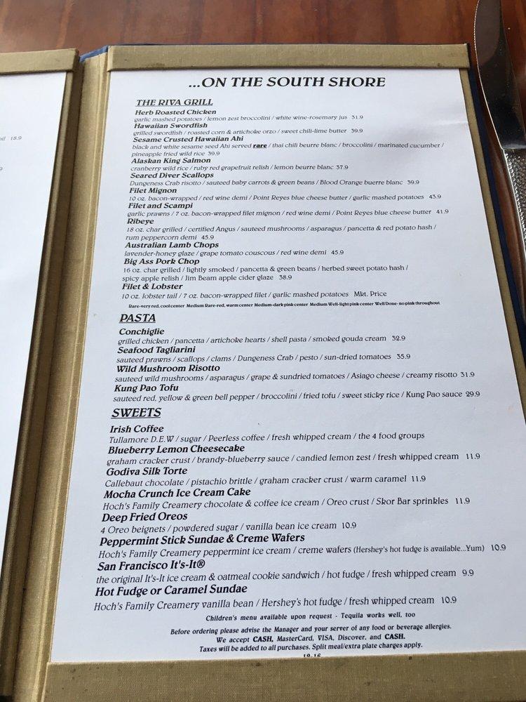 Menu at Riva Grill On the Lake restaurant, South Lake Tahoe