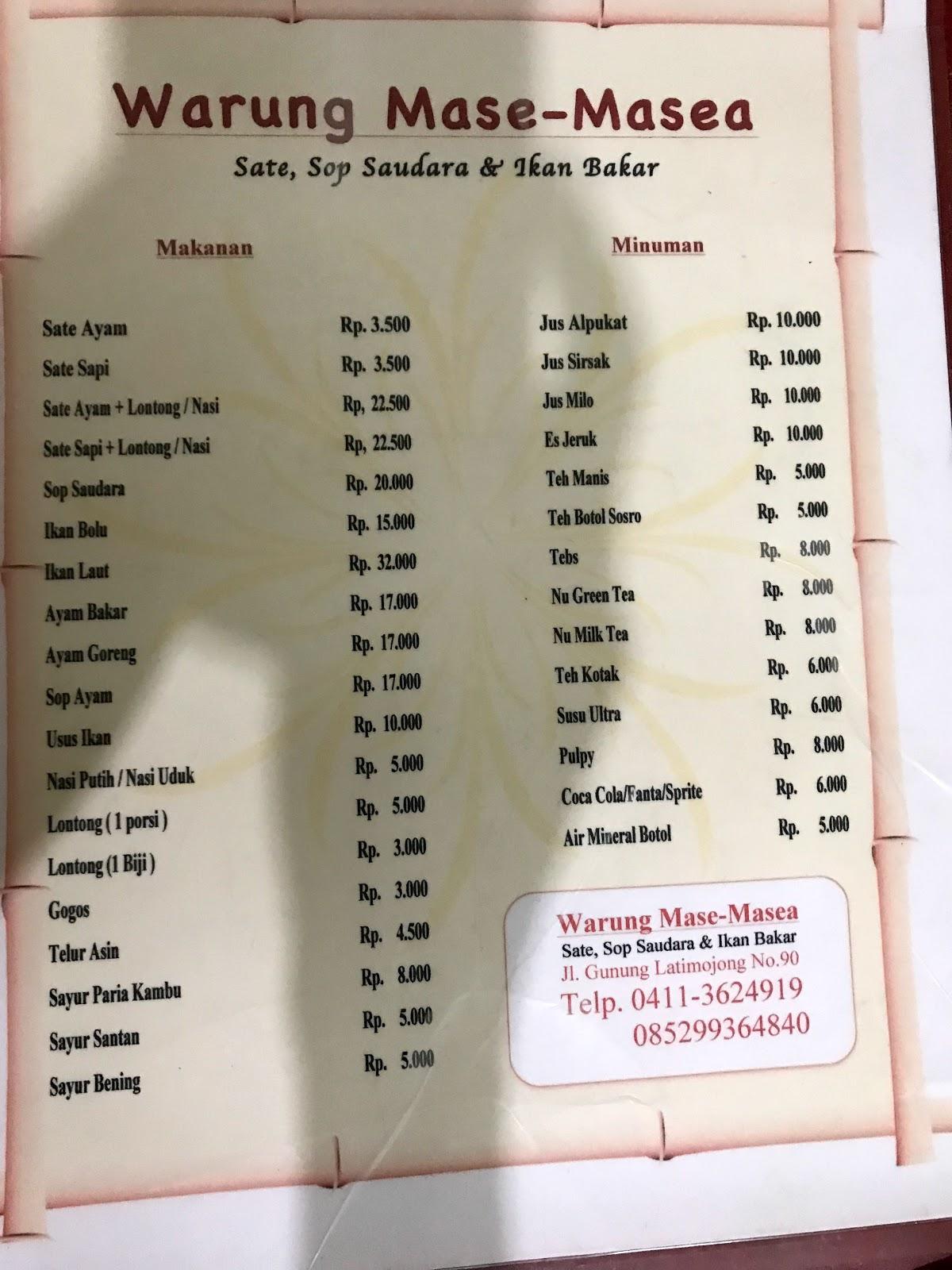 Menu at Warung Sate Mase - Masea & Sop Saudara restaurant, Makassar