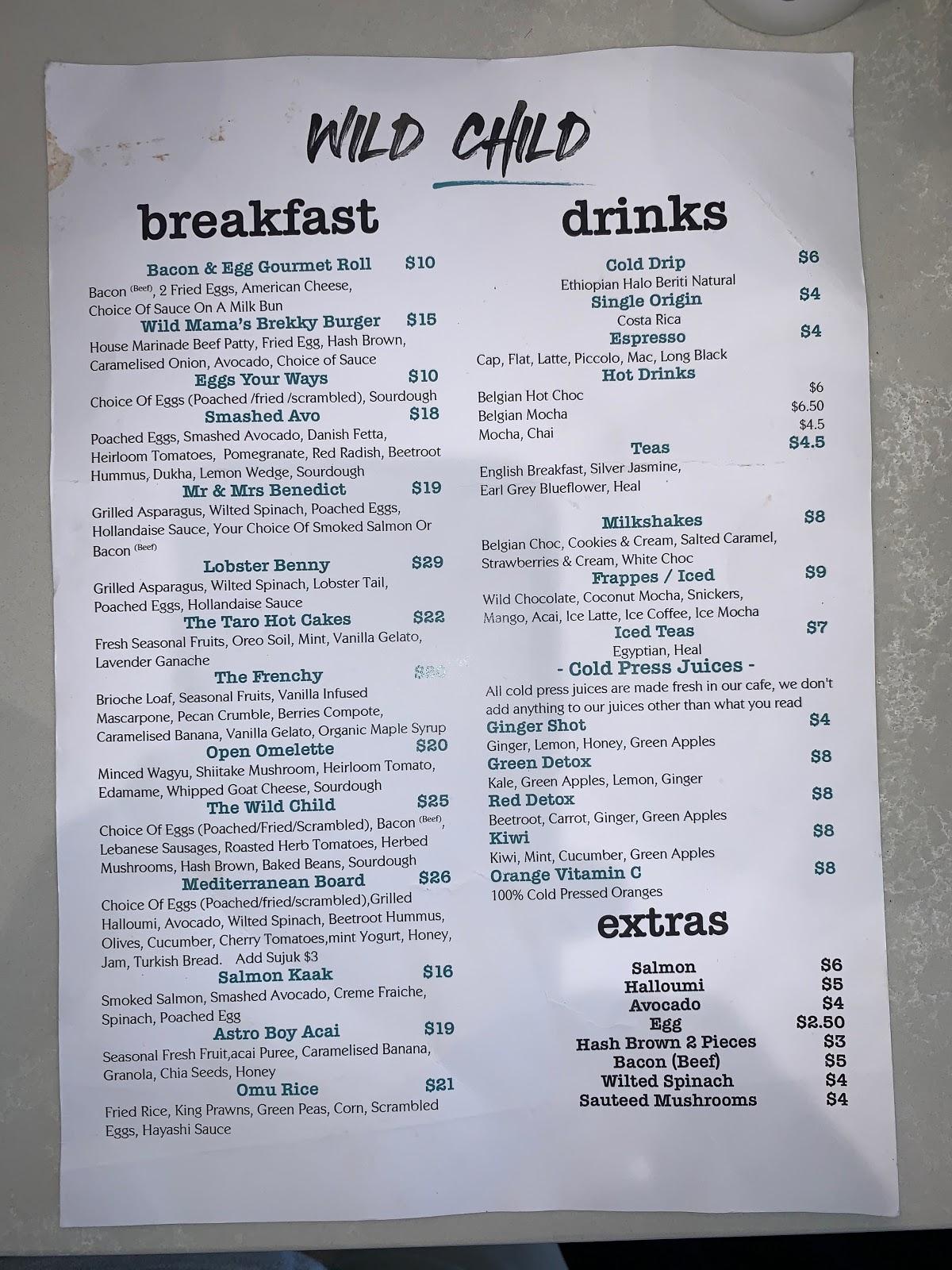 Menu at Wild Child eatery cafe, Georges Hall
