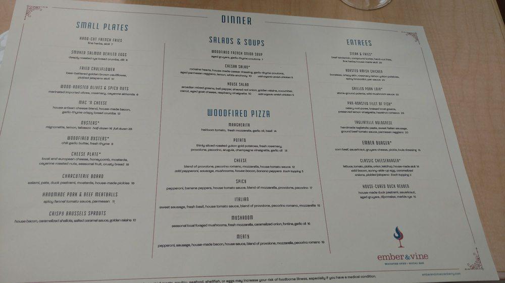 Menu at Ember & Vine pizzeria, Cranberry Township