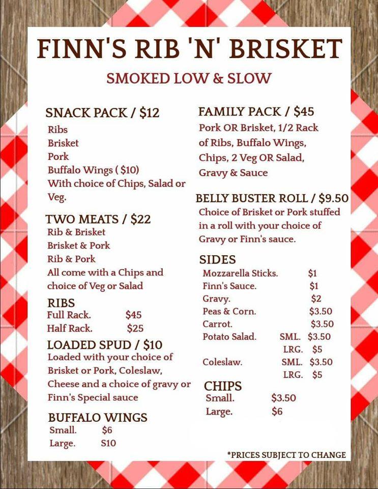 Menu at Finn's Rib 'n' Brisket restaurant, Norlane
