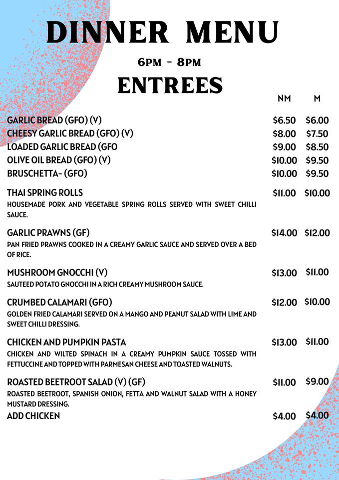 Menu at Stanthorpe RSL Services Club, Stanthorpe