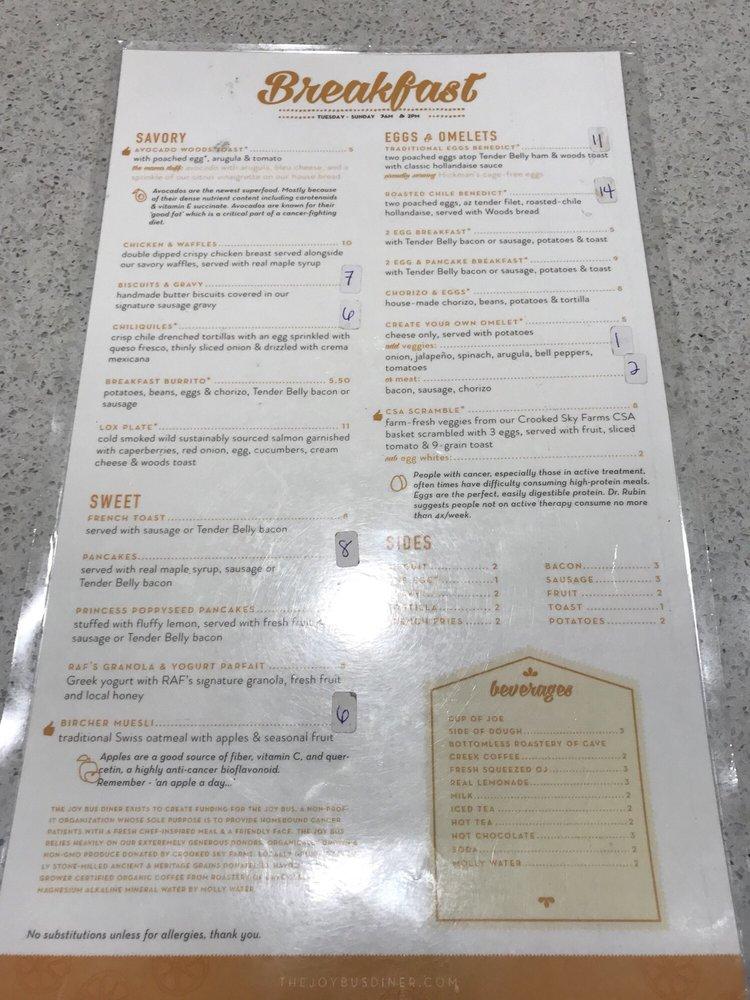 Carta del restaurante The Joy Bus Diner, Phoenix
