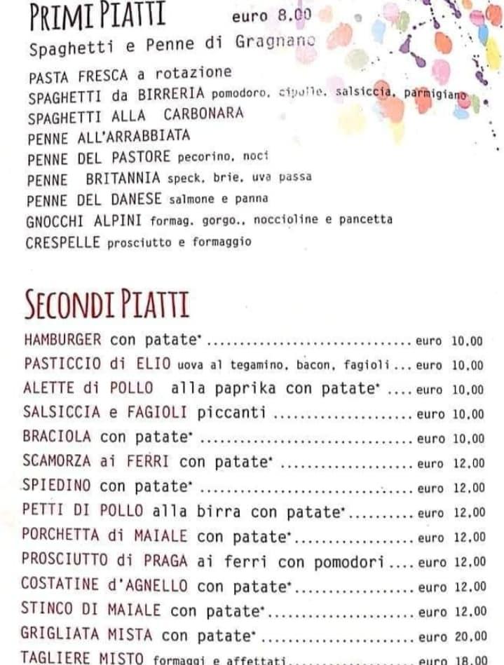 Menu at Britannia Pub, Torre Pellice