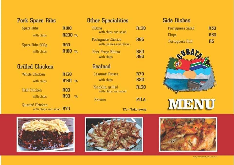 Menu at Cubata Sydenham Port Elizabeth restaurant, Port Elizabeth