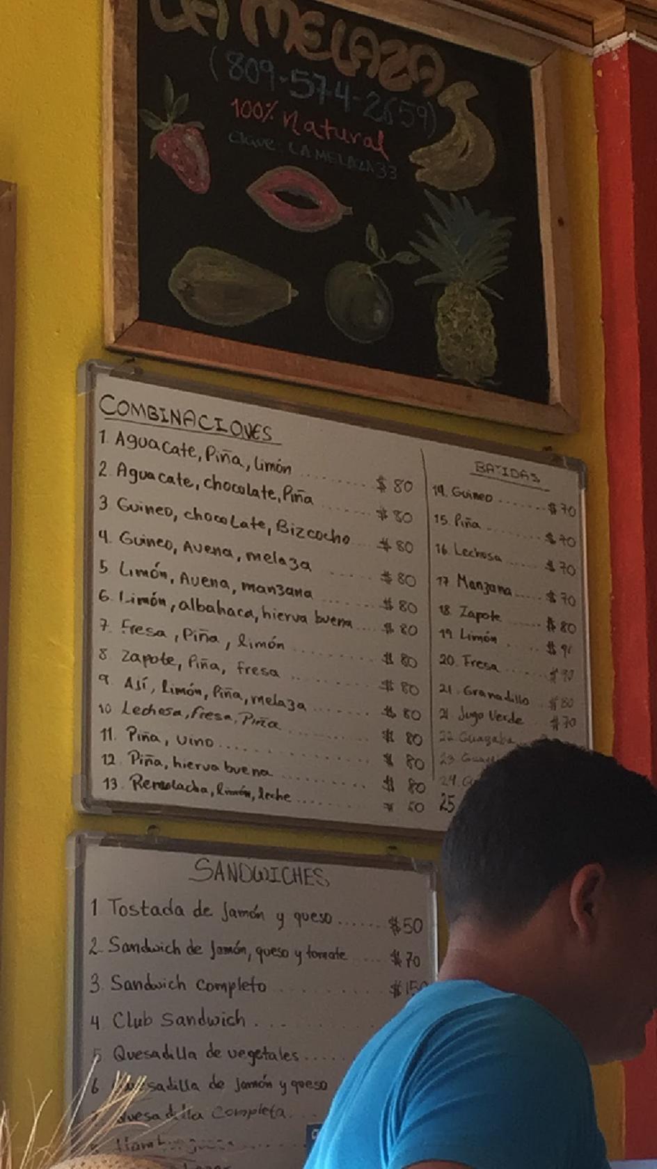 Carta del restaurante La Verdadera Melaza, Jarabacoa