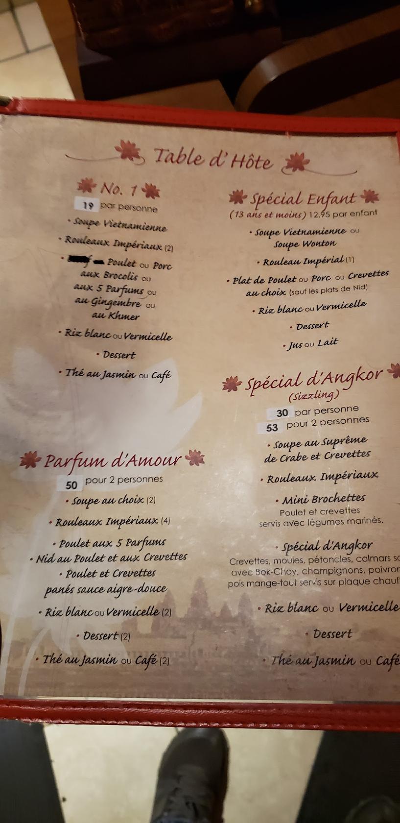 Menu au Lotus D'Angkor restaurant, Québec