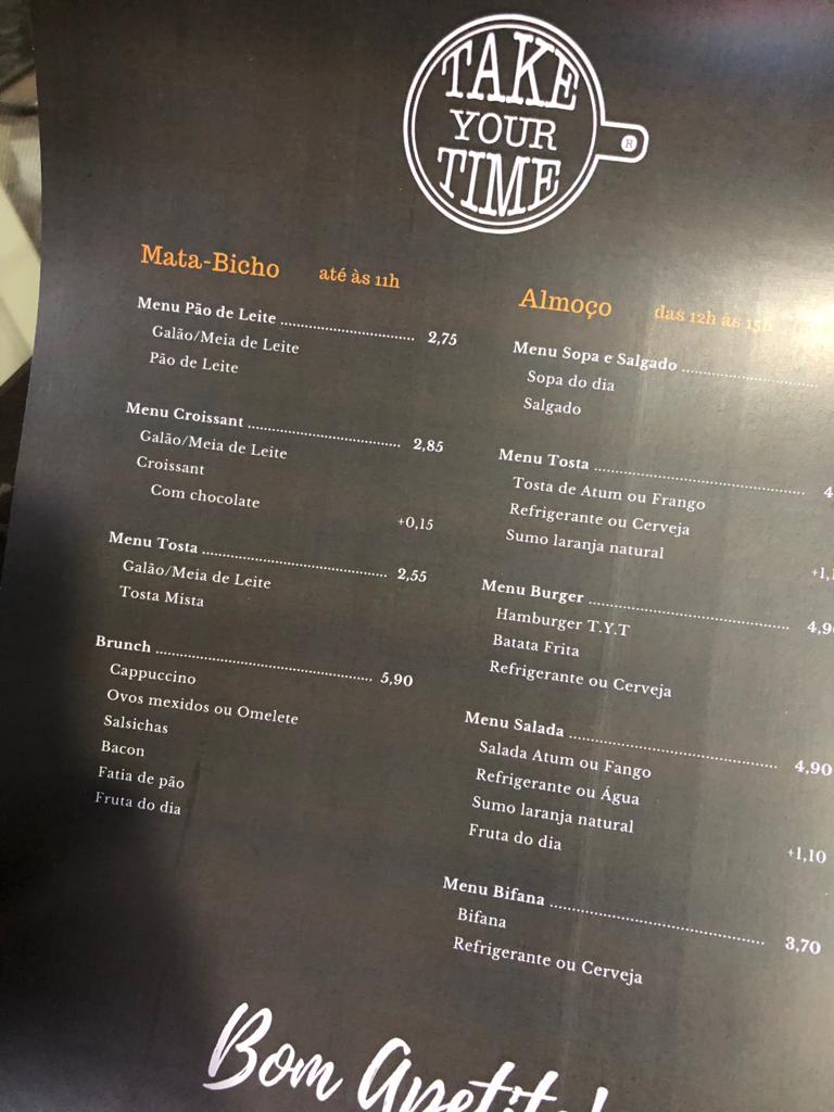 Menu at Take Your Time Café, Barreiro
