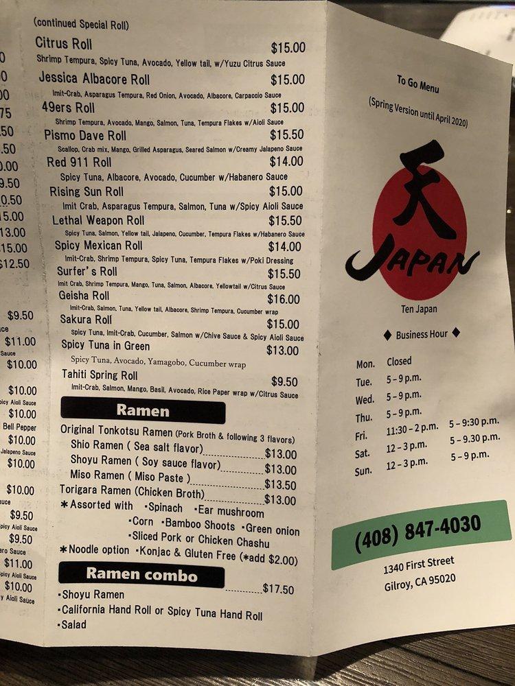 Carta de Ten Japan Japanese Restaurant, Gilroy