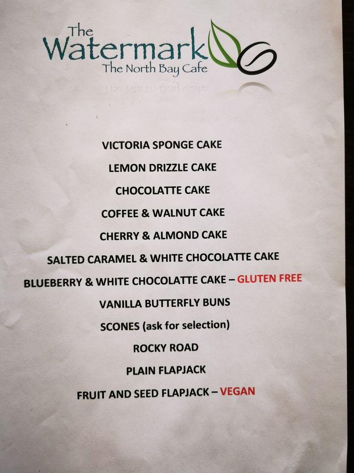 Menu at The Watermark Cafe, Scarborough