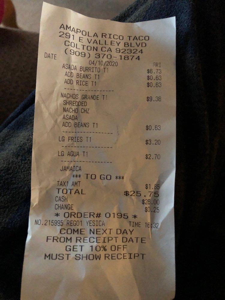 Menu at Amapola Rico Taco restaurant, Colton, 291 E Valley Blvd A