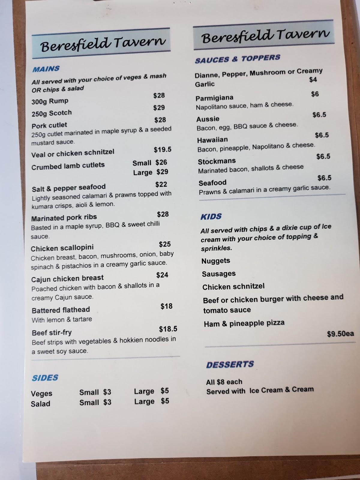 Menu at Beresfield Tavern pub & bar, Beresfield