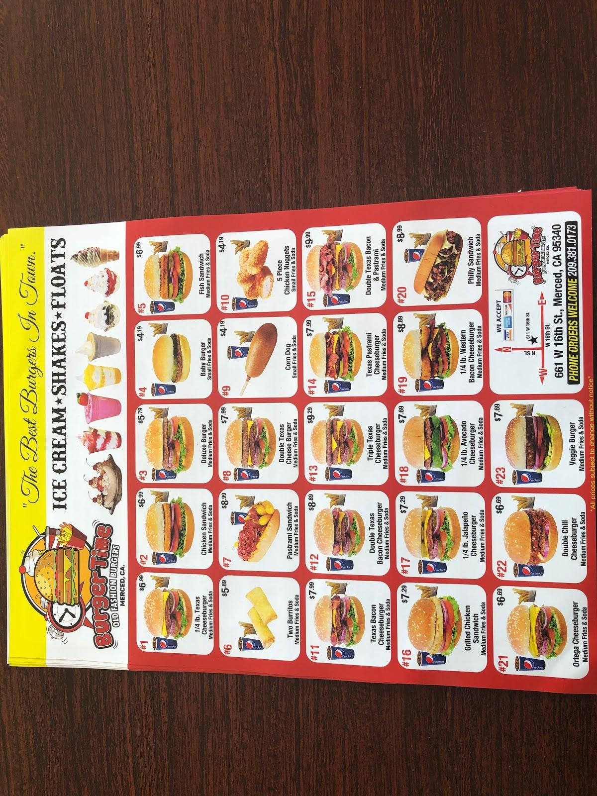Menu at Burger Time restaurant, Merced
