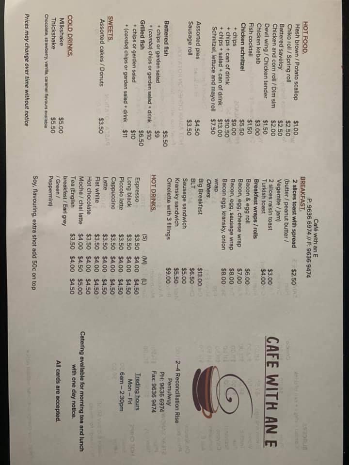 Menu at Cafe with an 'E', Pemulwuy