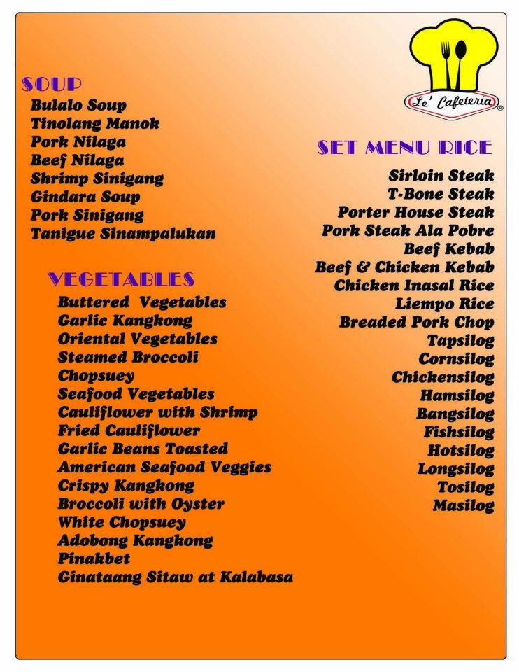 Menu at Le' Cafeteria, Quezon City