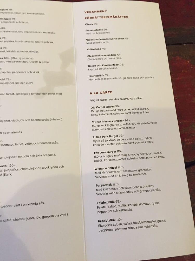 Menu at Old Corner restaurant, Gothenburg, Artillerigatan 14