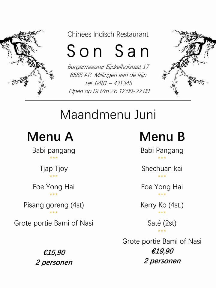 Menu at Son San, Millingen aan de Rijn