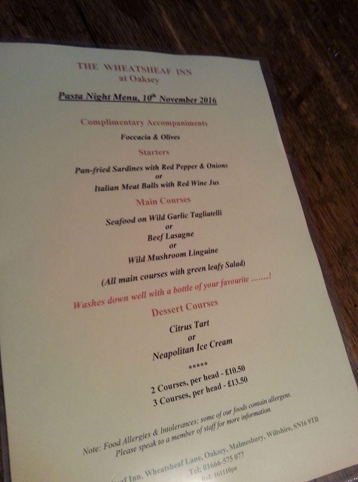 Menu at The Wheatsheaf Inn at Oaksey pub & bar, Oaksey