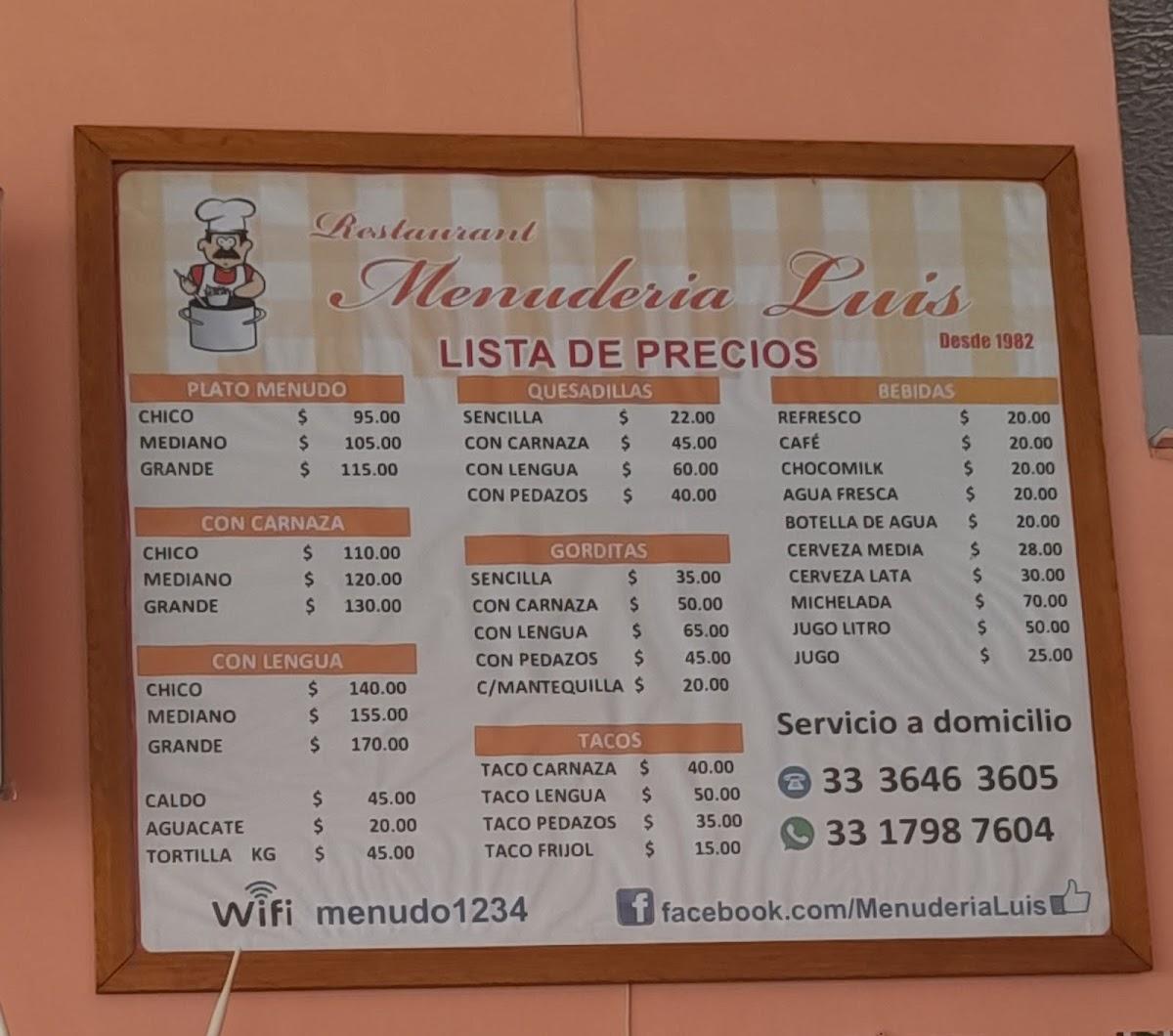 Menu at Menuderia Luis restaurant, Guadalajara, Av Rosario Castellanos 1868