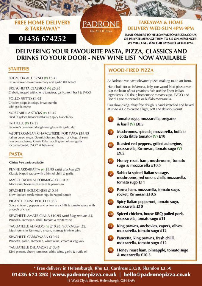 Menu at Padrone Pizza restaurant, Helensburgh