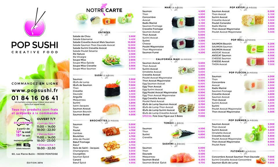 Menu at Pop Sushi restaurant, Pontoise