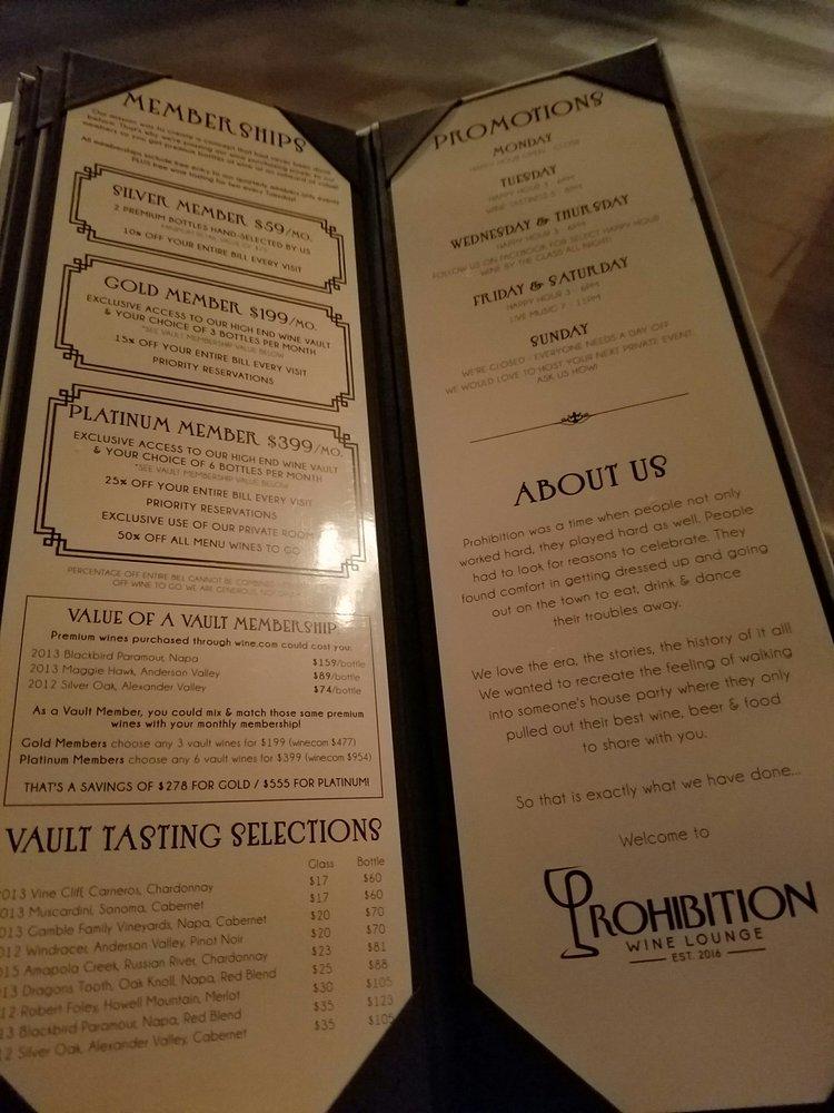 Menu at Prohibition Wine Lounge pub & bar, Folsom