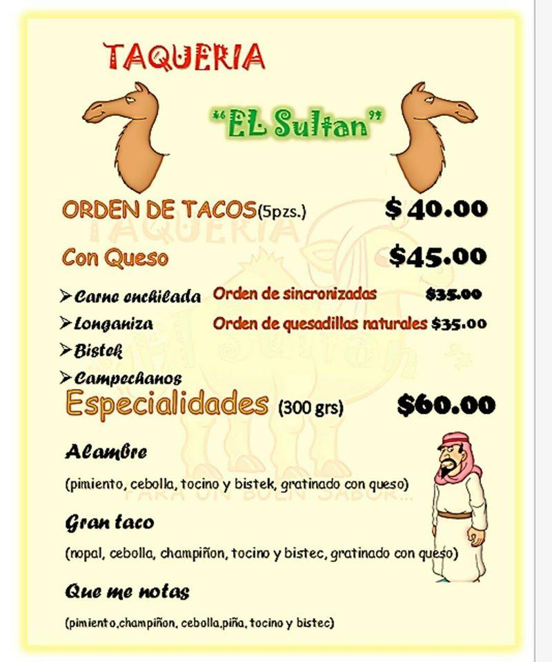 Menu at Taqueria "El Sultán" restaurant, Santa María Acuitlapilco