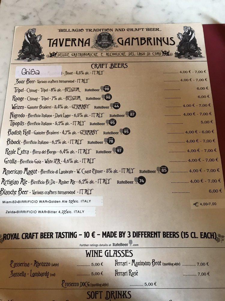 Menu at Taverna Gambrinus pub & bar, Bellagio