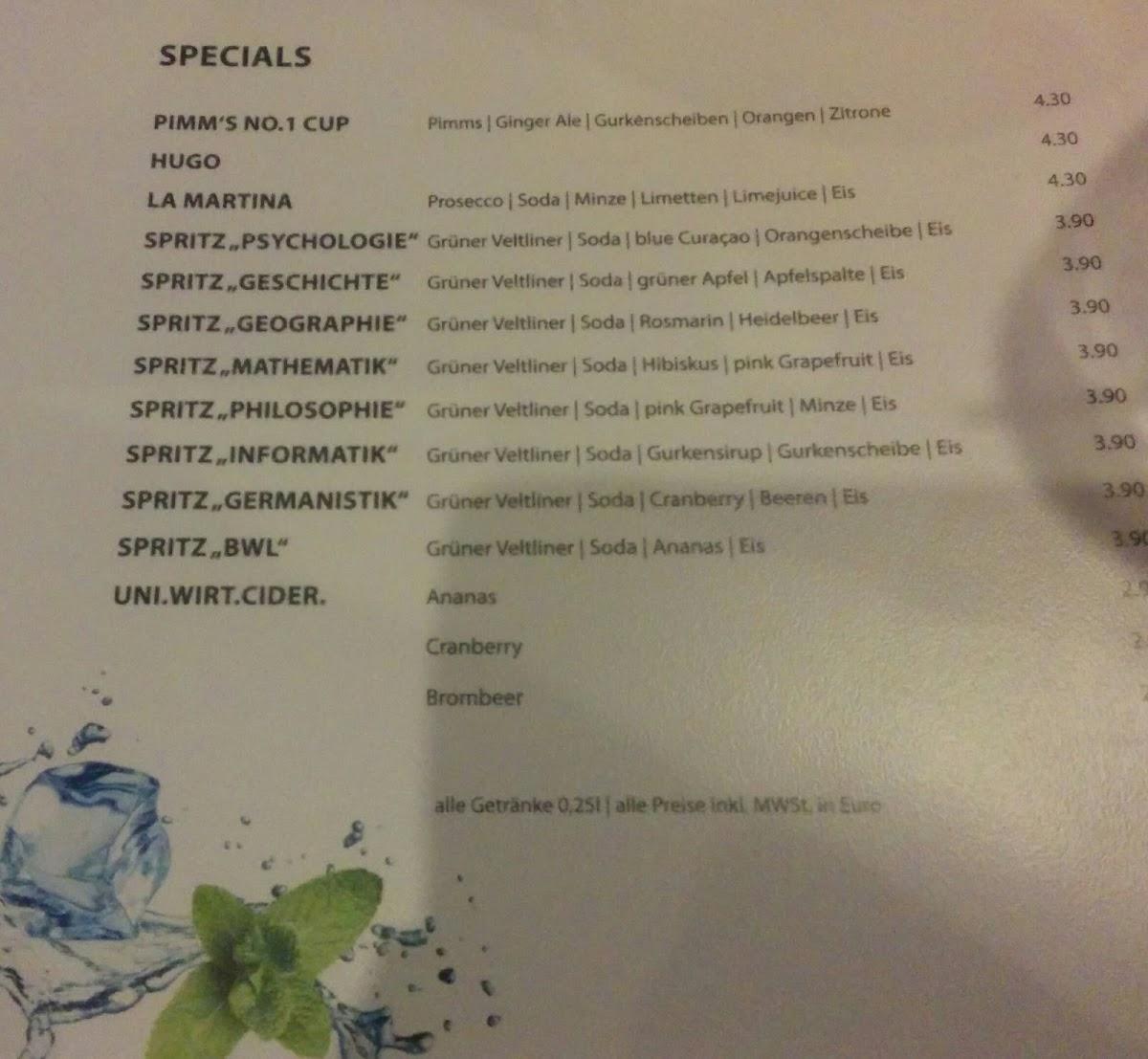 Menu at UNI.WIRT. cafe, Klagenfurt