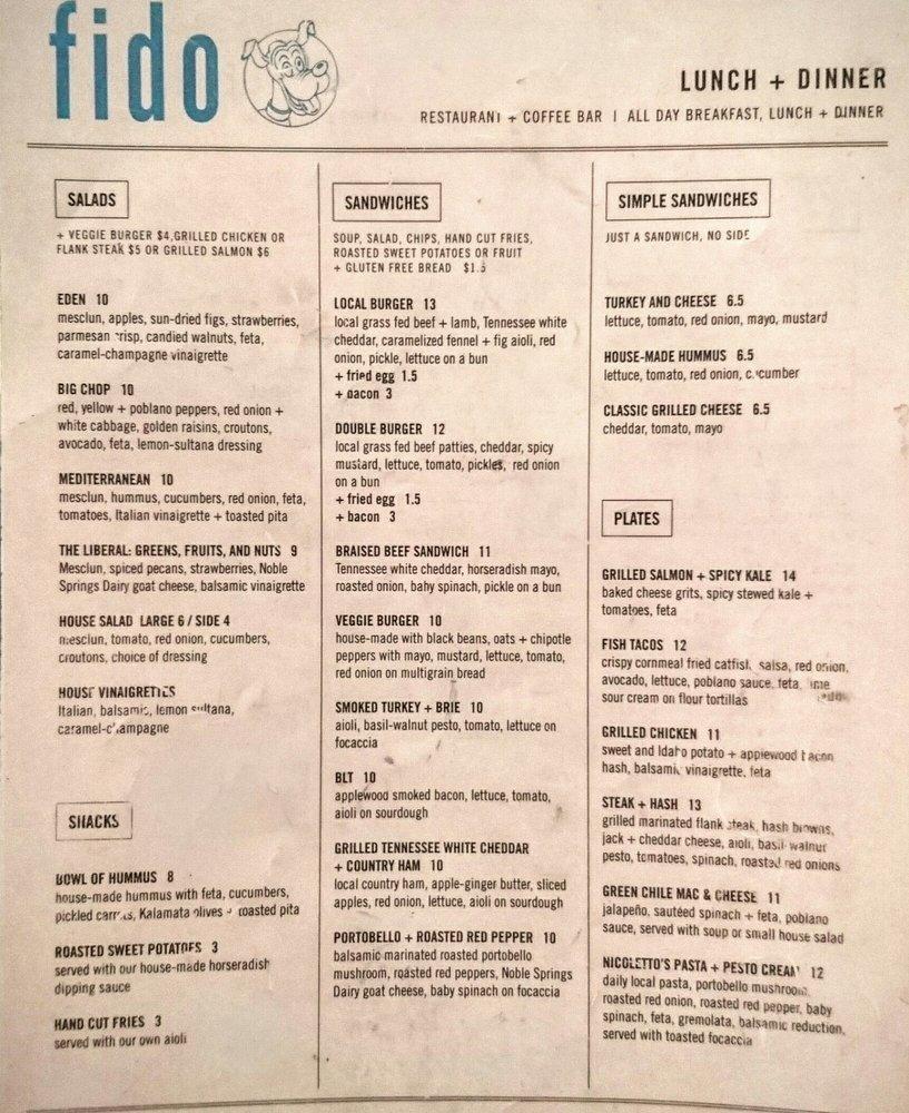 Menu at Fido cafe, Nashville
