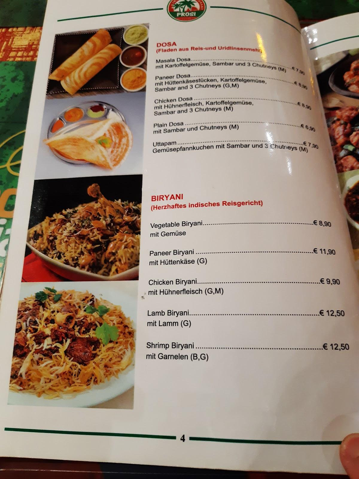 Speisekarte von PROSI South & North Indian Restaurant, Wien